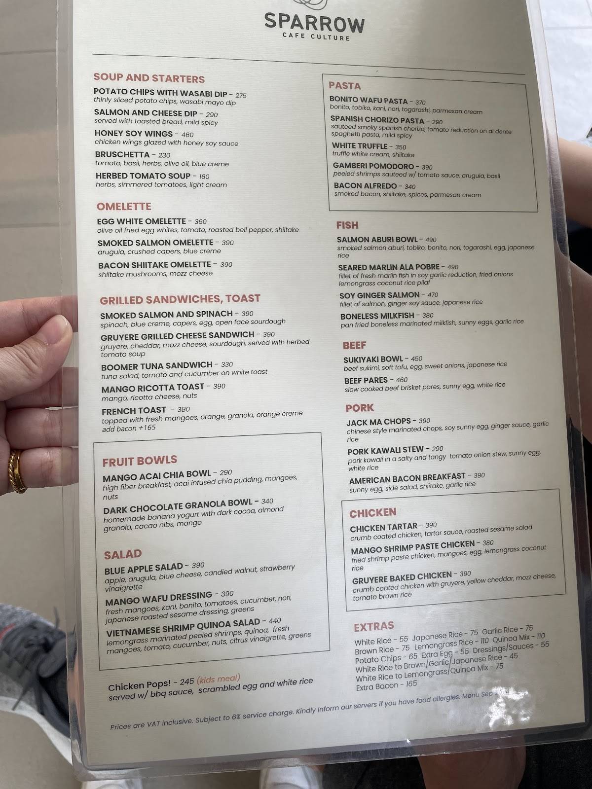 Menu at Sparrow Cafe Culture, Cebu City