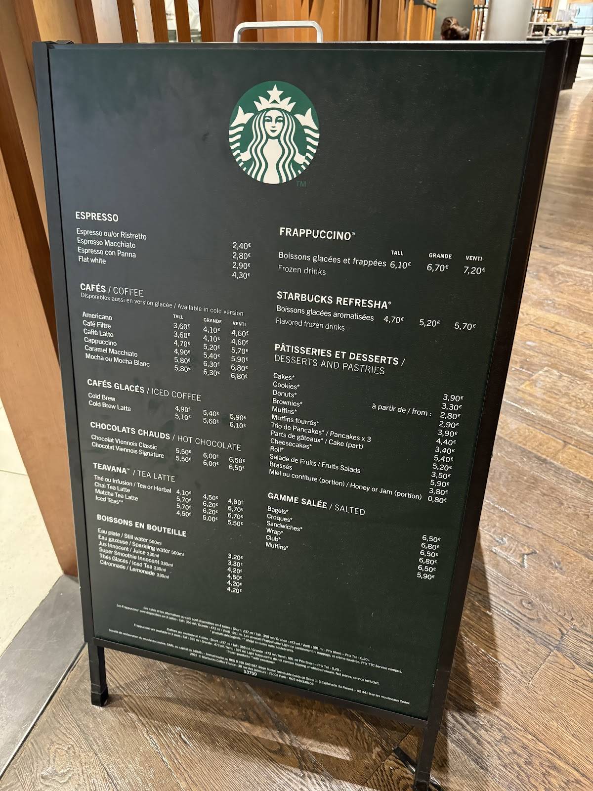 Menu at Starbucks Louvre cafe, Paris, Musée du louvre