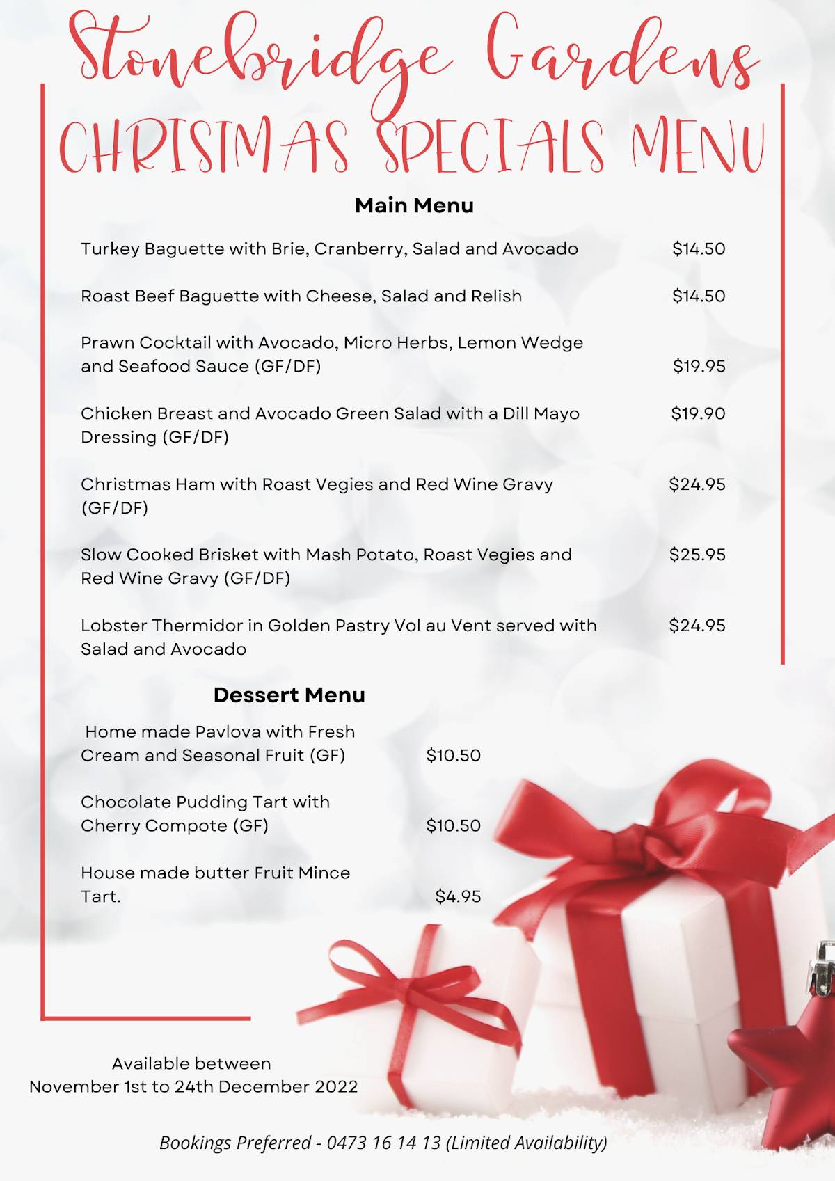 Menu at Stonebridge Gardens restaurant, Palmwoods