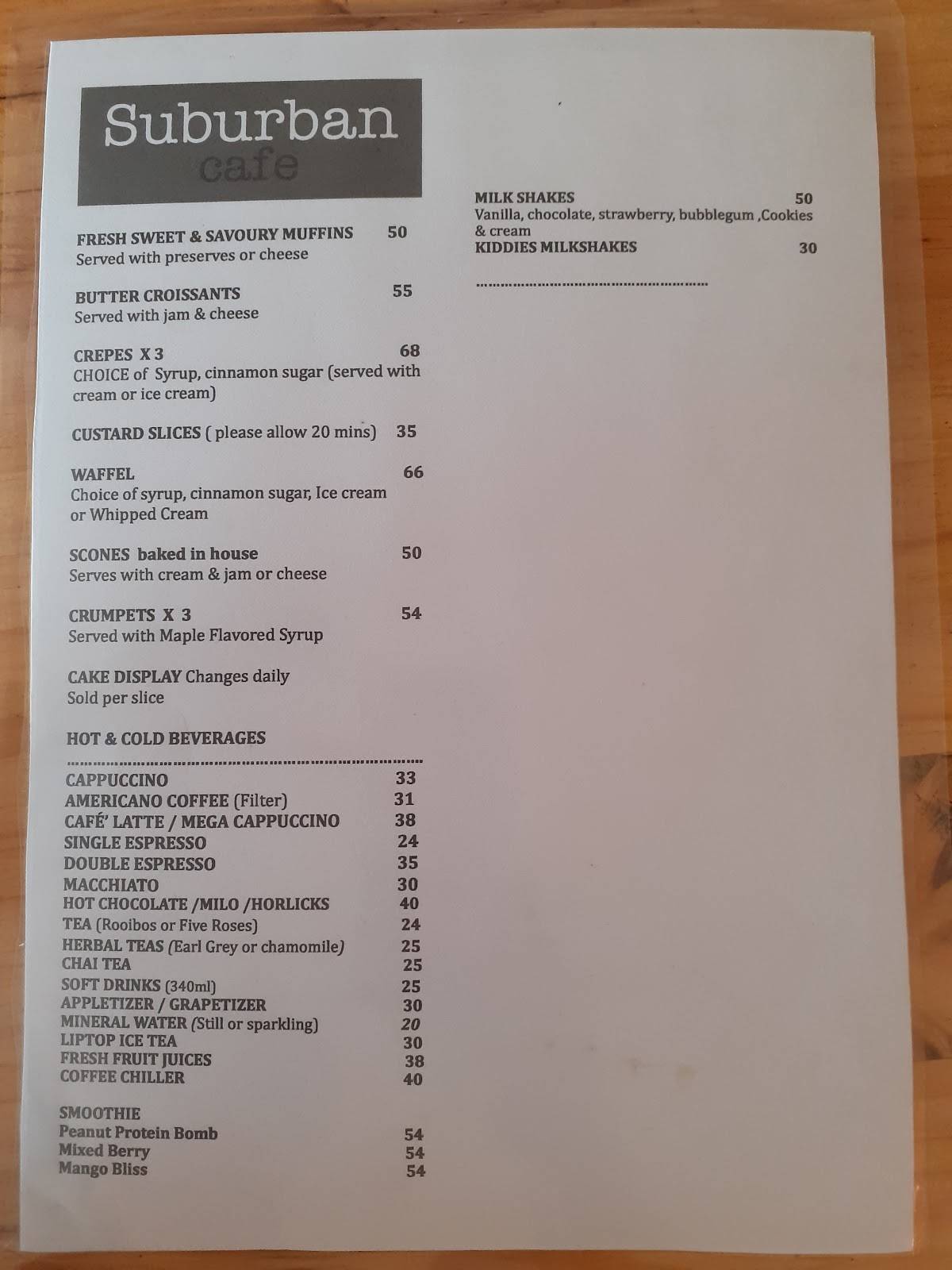 Menu at Suburban Cafe, Durban North