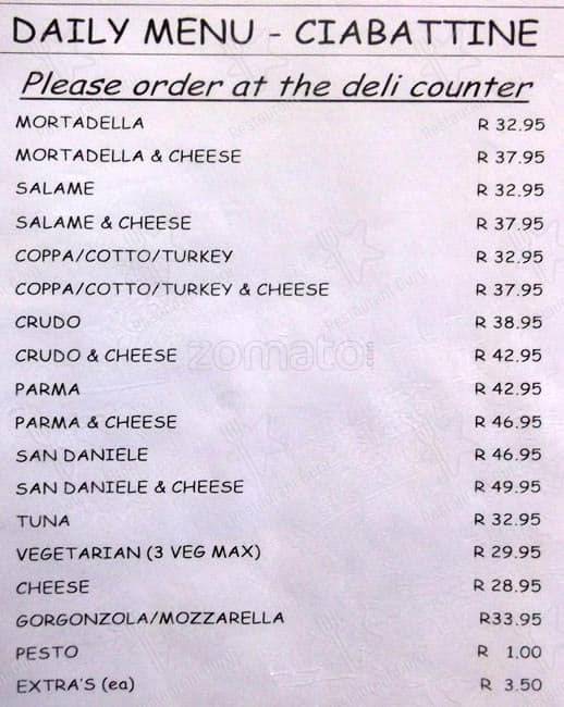 Menu at Super Sconto cafe, Johannesburg
