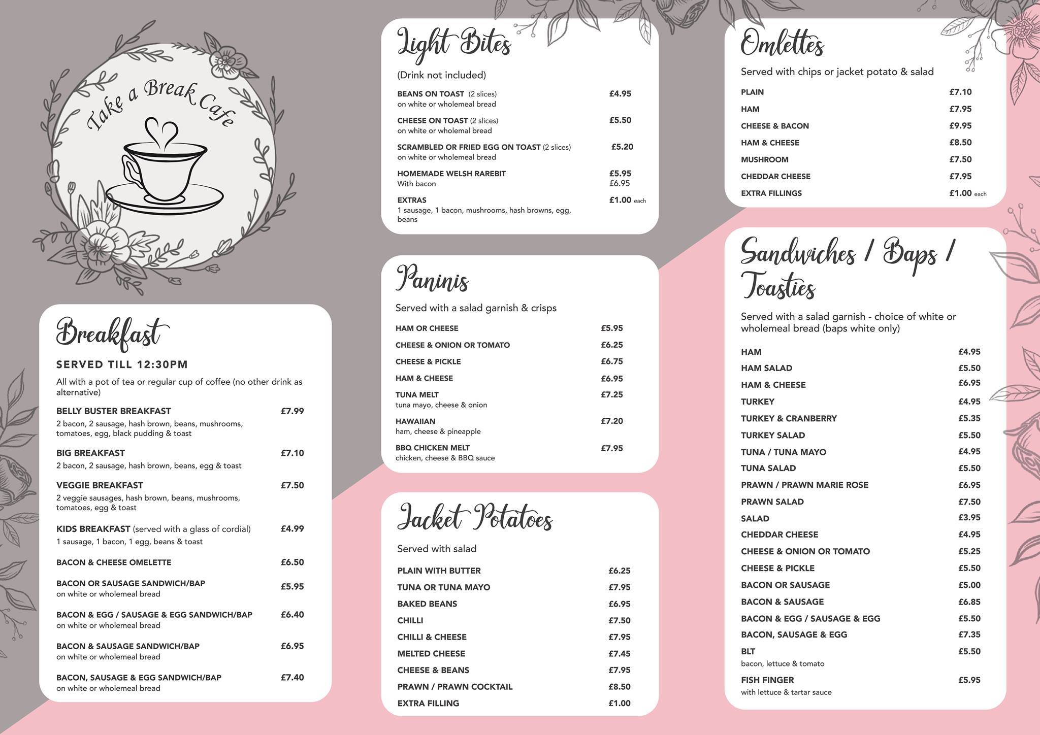 Menu at Take A Break Cafe, Llandudno