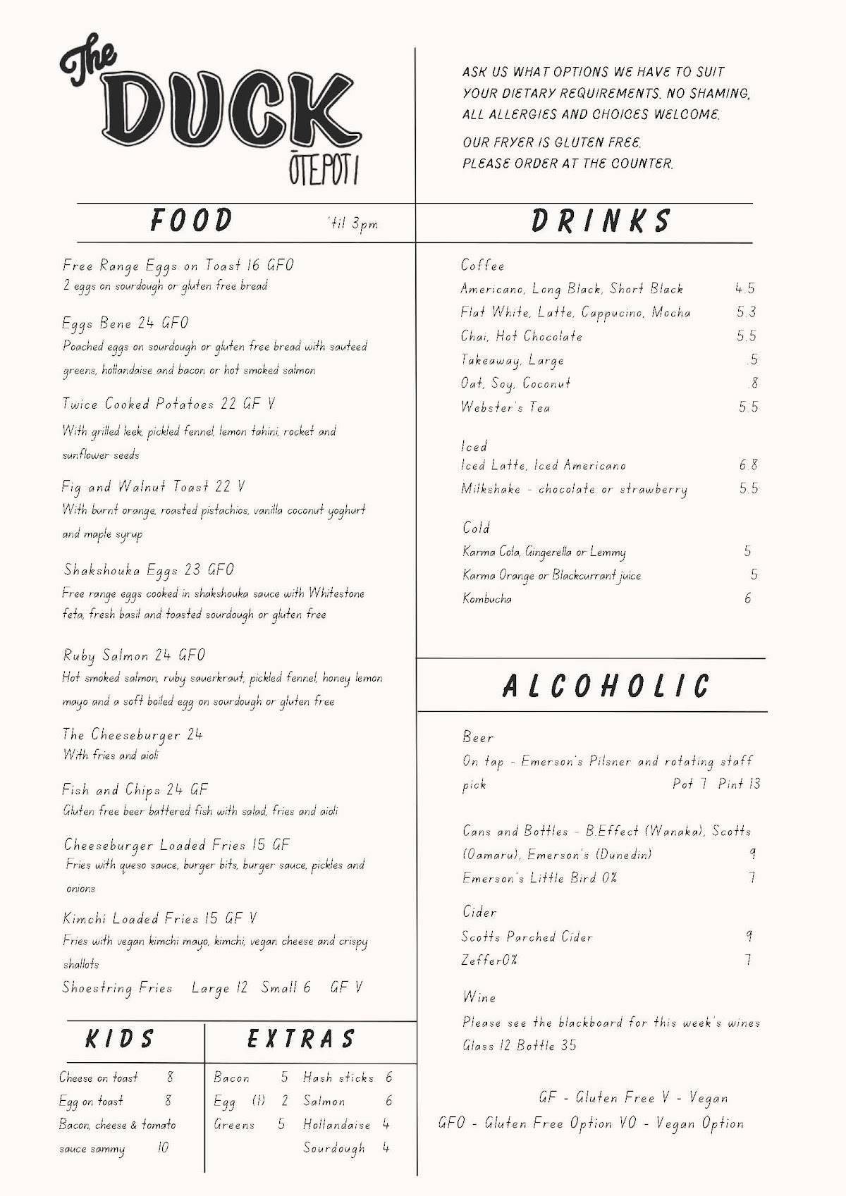 Menu at The Duck restaurant, Dunedin, 494 Portobello Rd