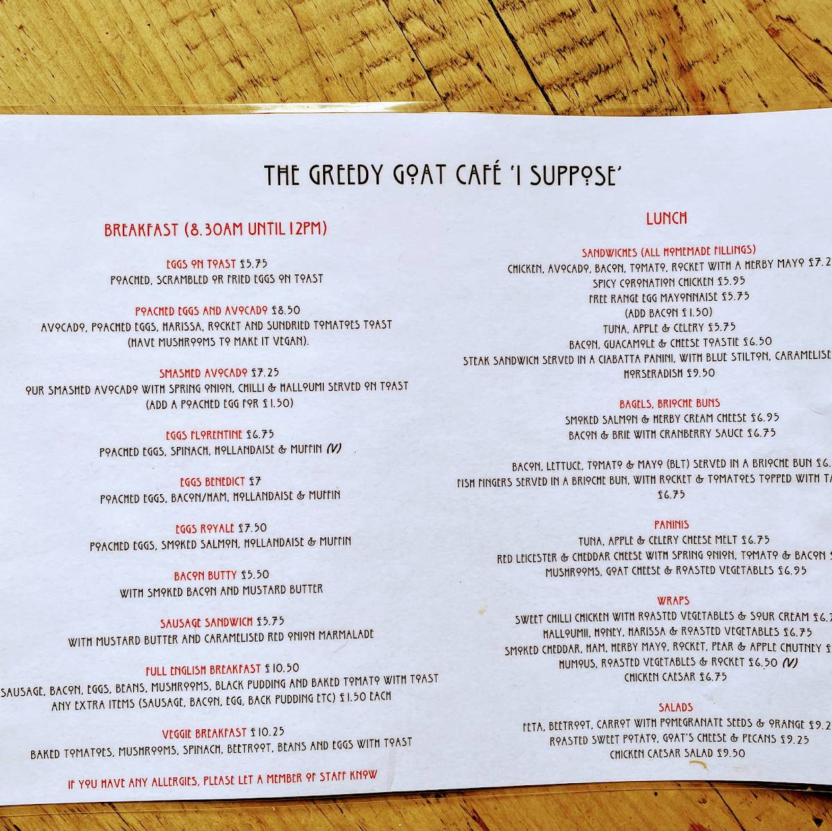 Menu at The Greedy Goat Cafe ‘I Suppose’, Wadhurst