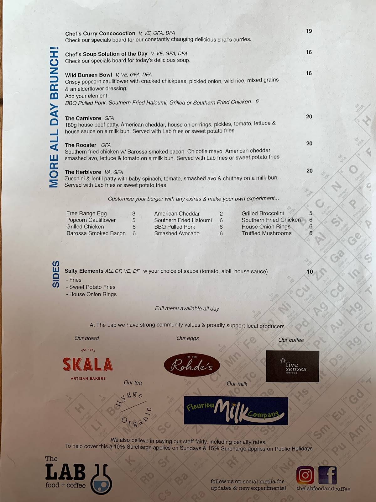 Menu at The Lab food + coffee cafe, Royston Park