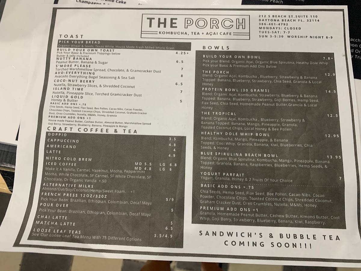 Menu at The Porch Health Bar, Daytona Beach