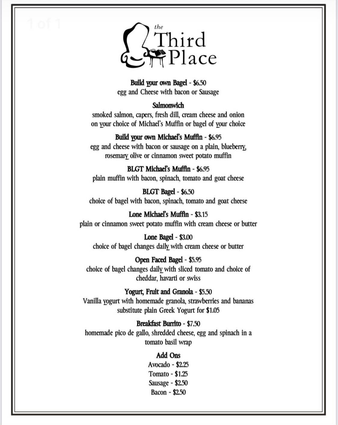 Menu at The Third Place Coffee Shop cafe, Raleigh