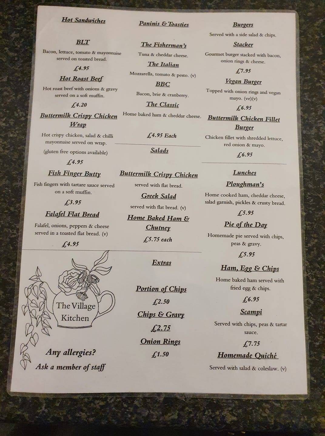 Menu at The Village Kitchen cafe, Whaley Bridge