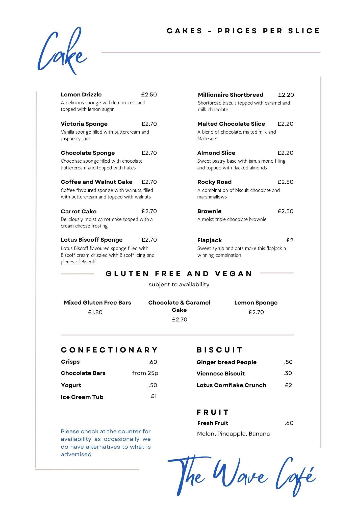 Menu at The Wave Cafe, Worthing