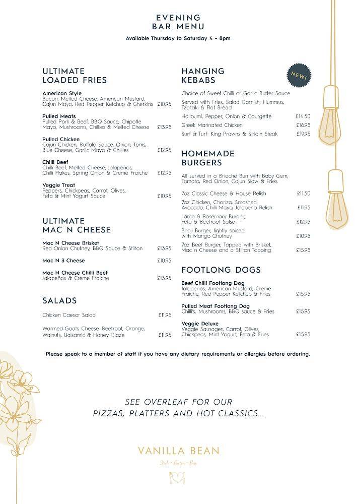 Menu at Vanilla Bean cafe, Huddersfield