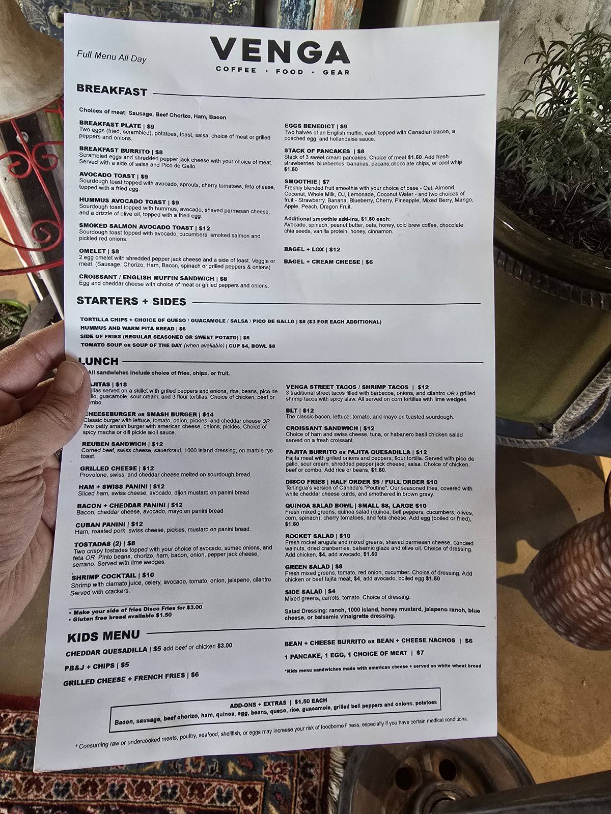 Menu at Venga cafe, Study Butte-Terlingua