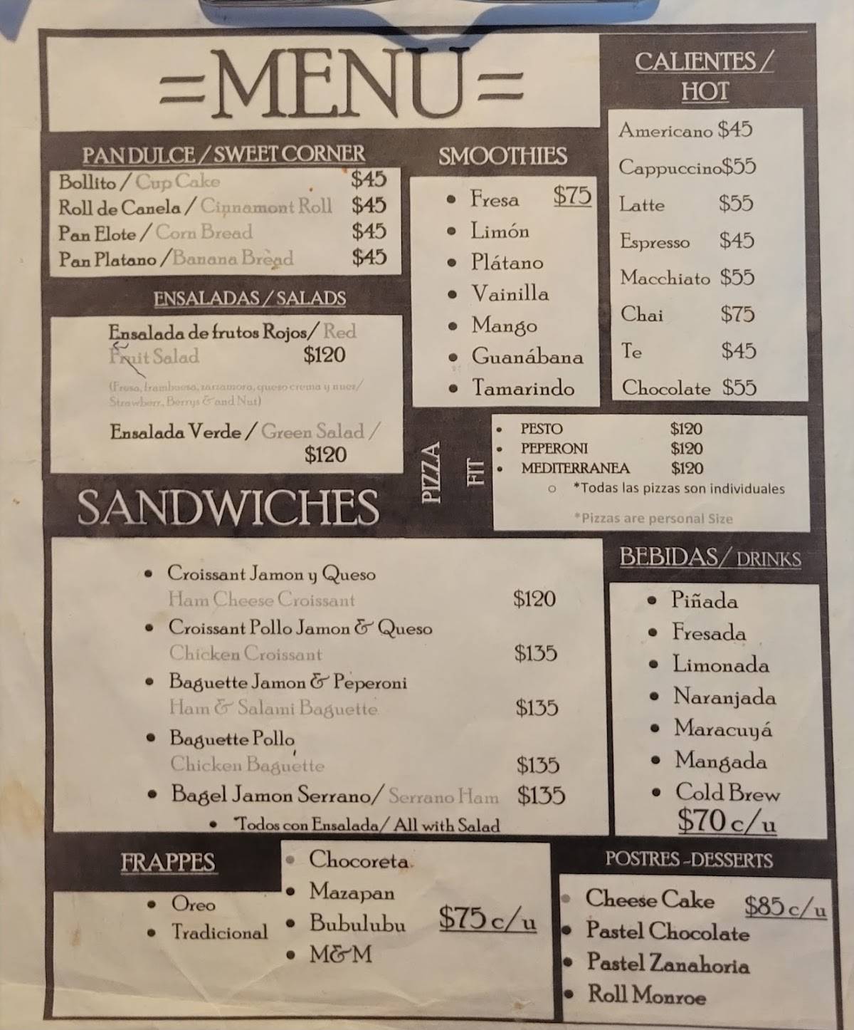 Menu at Vintage Coffe Company cafe, Mazatlán