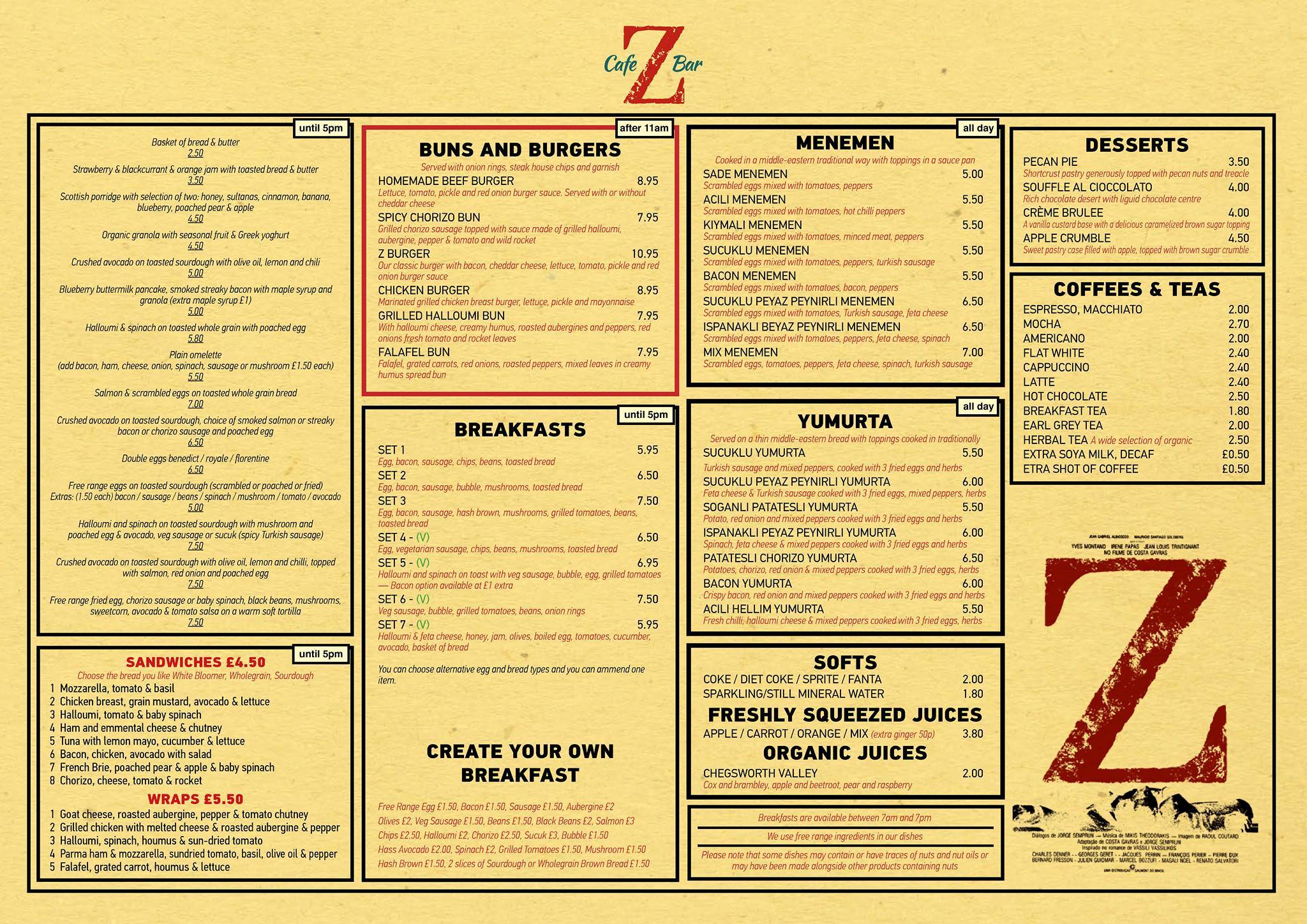 Menu at Cafe Z Bar., London