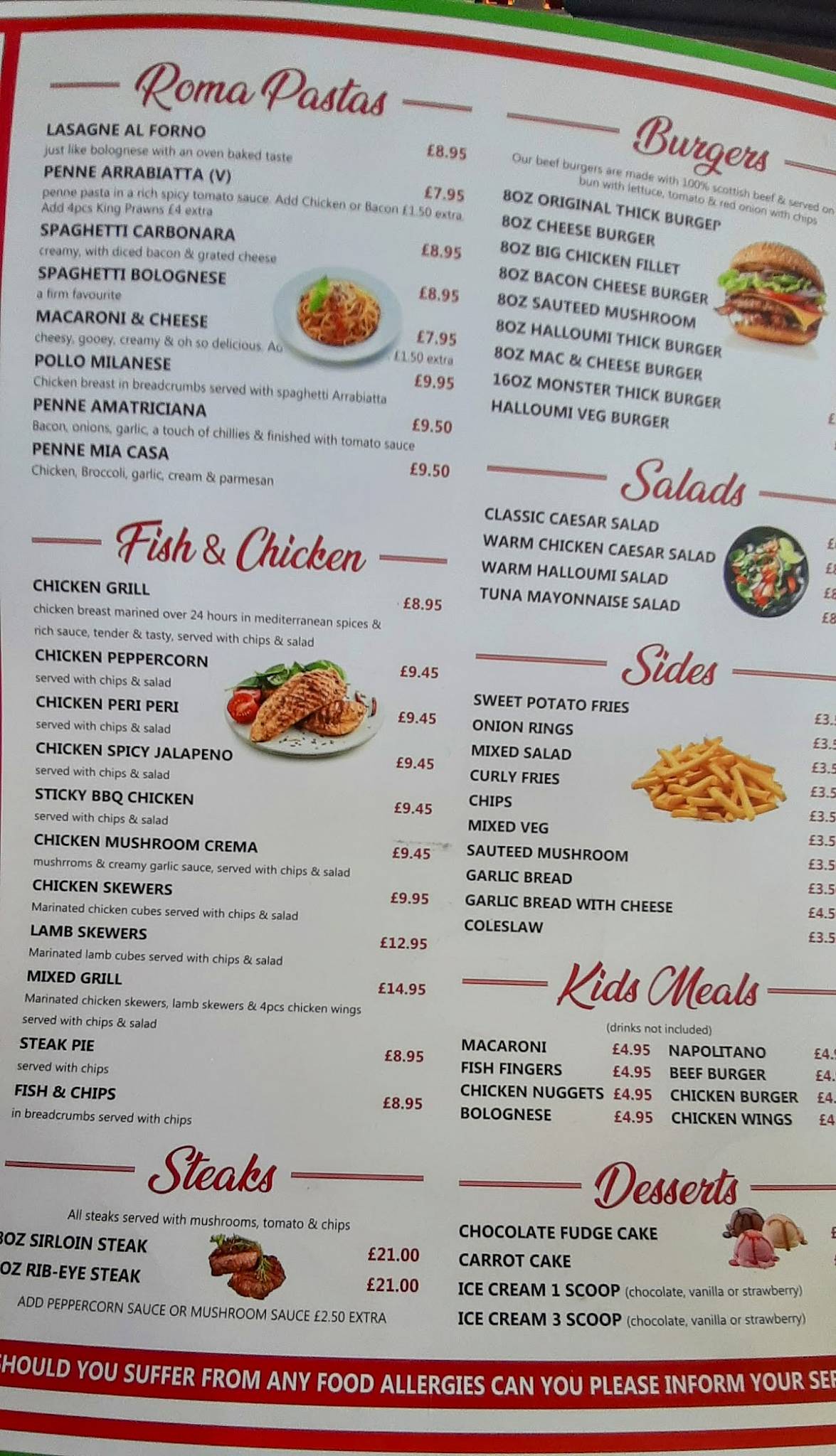 Menu at Cafe roma, Clydebank, 23