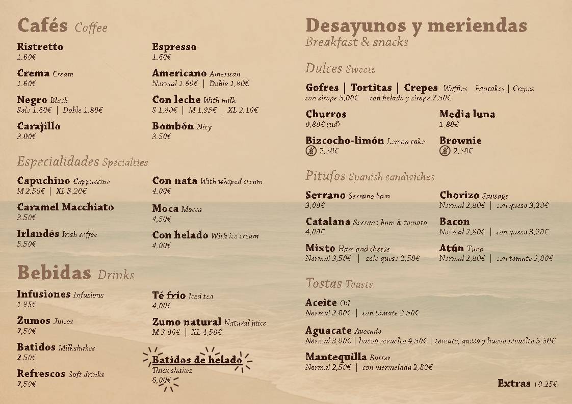 Carta de Cafetería Heladería Maitehn, Málaga