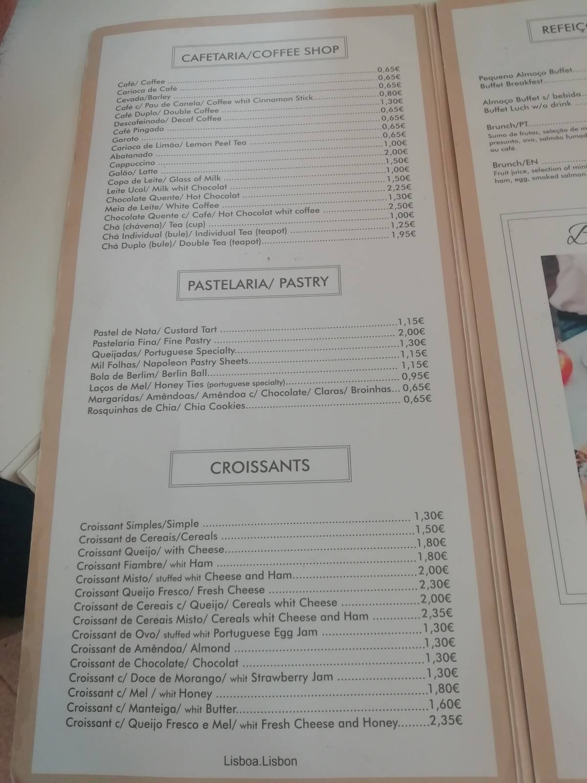 Menu at Luzeiros Caffé cafe, Lisbon