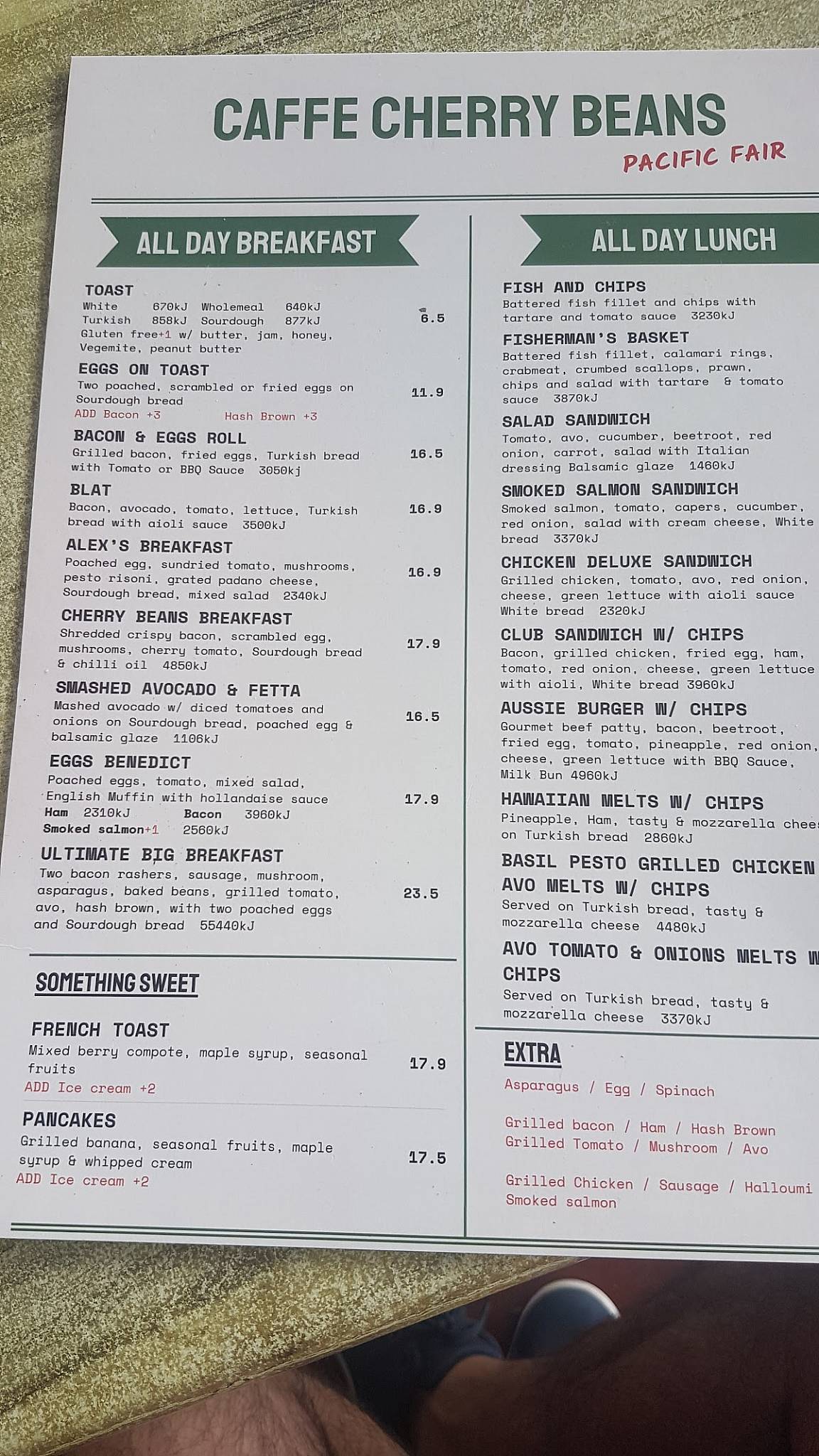 Menu at Caffe Cherry Beans cafe, Broadbeach Waters, Pacific Fair