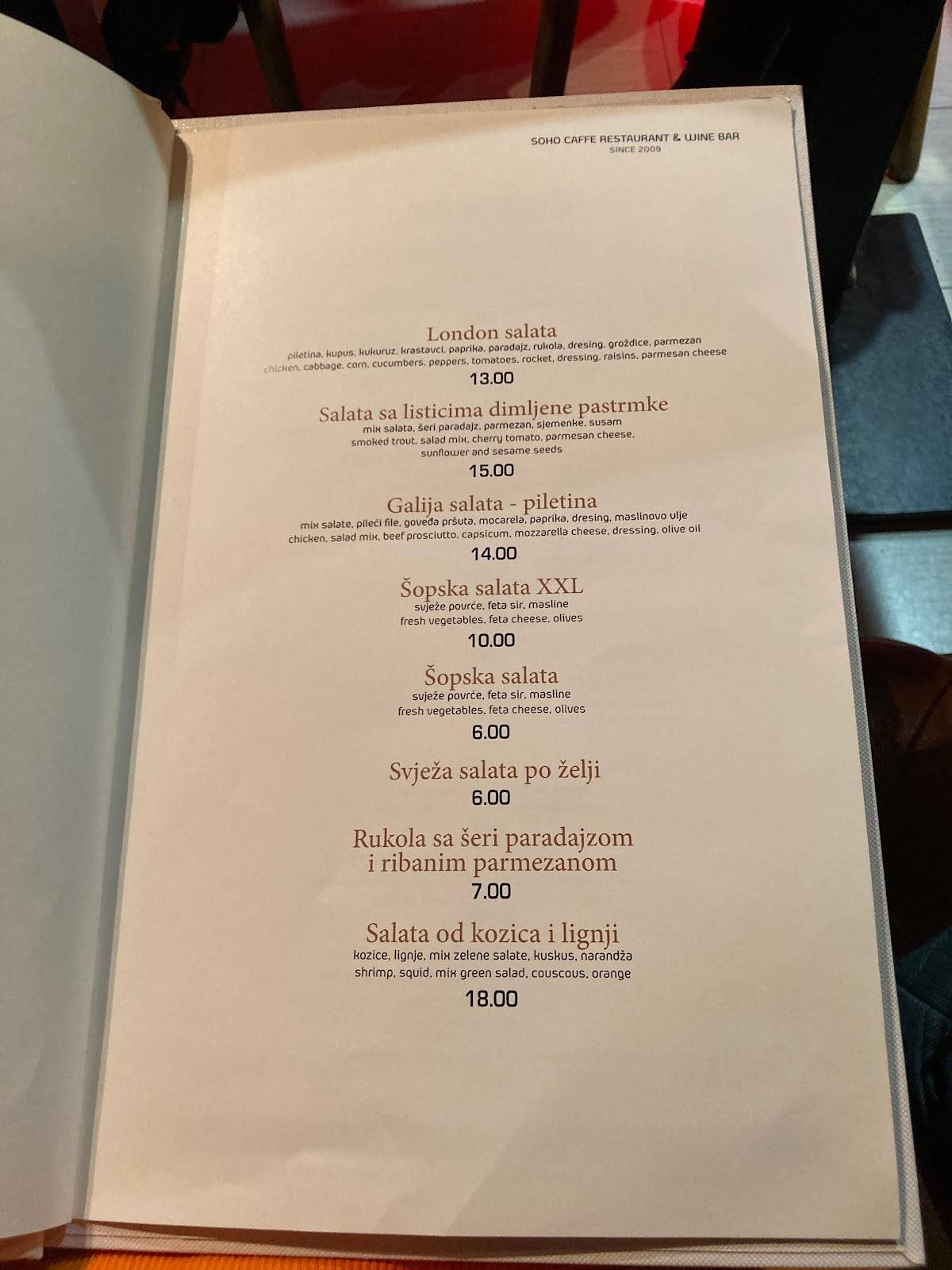 Menu at Caffe Restaurant Soho, Lukavica