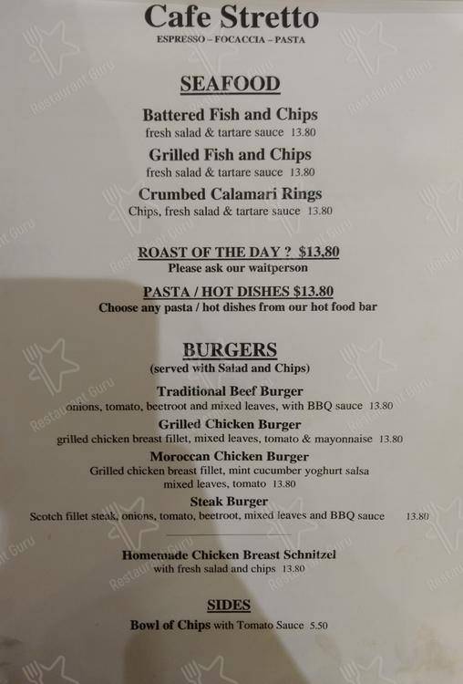 Menu at Café Stretto cafe, Sydney, St James Centre
