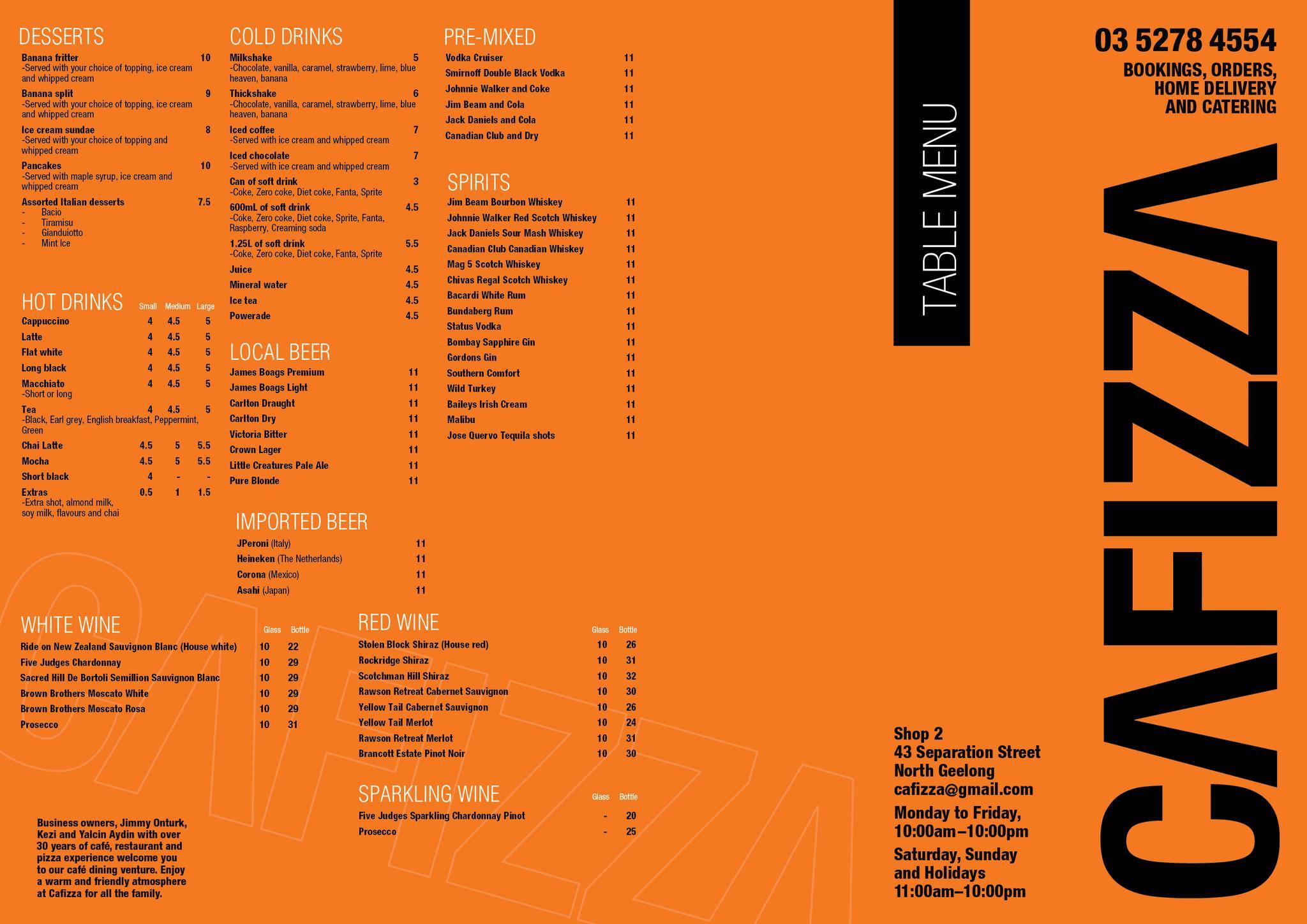 Menu at Cafizza restaurant, Geelong