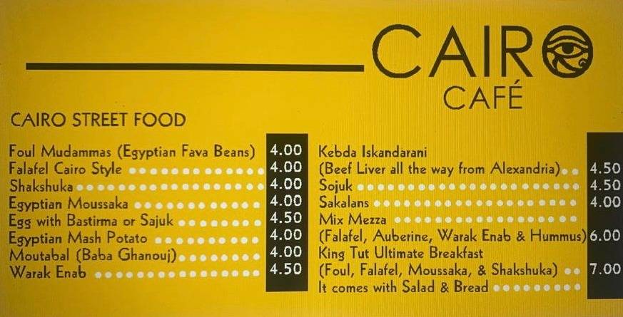 Menu at Cairo Café restaurant, Reading