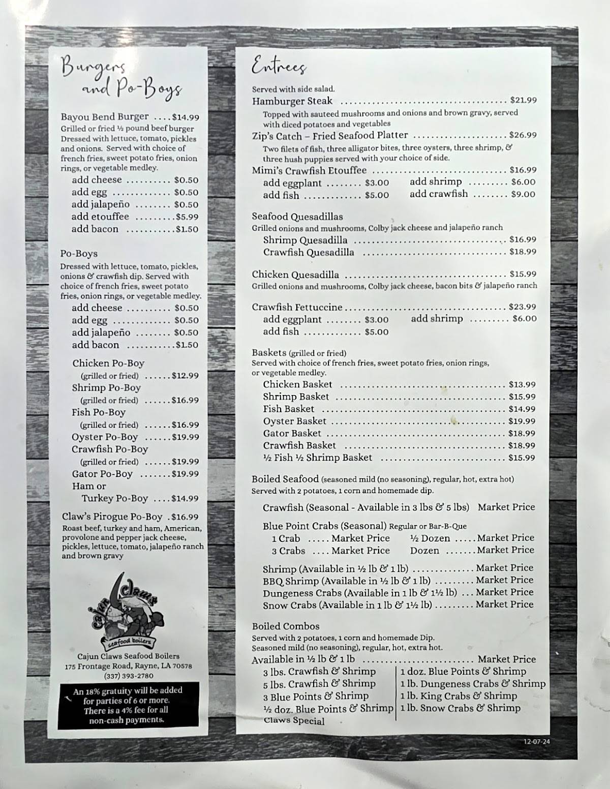 Menu at Cajun Claws Seafood Boilers desserts, Rayne