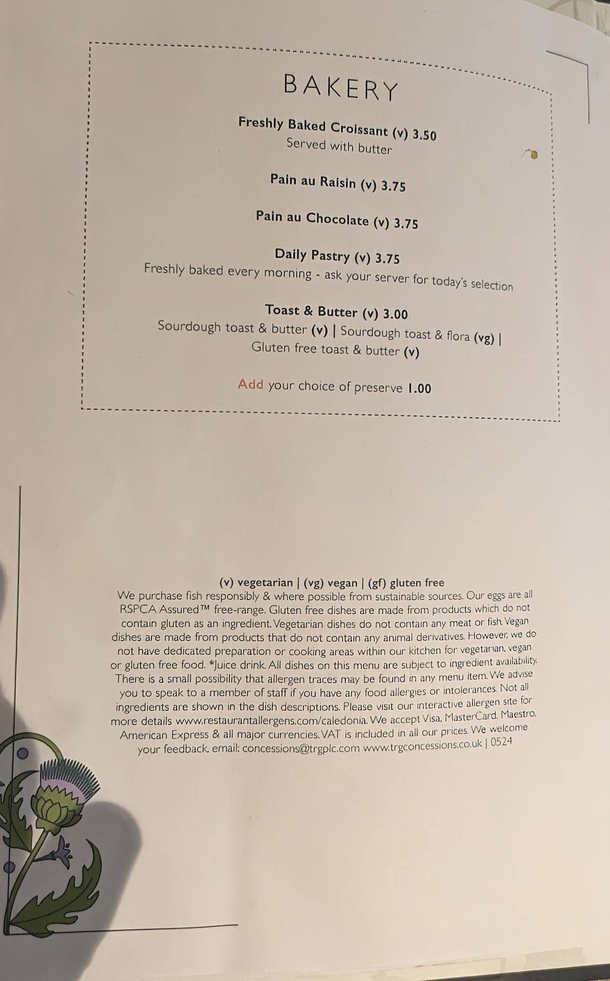 Menu at Caledonia Bar - Glasgow Airport, Paisley, Glasgow Arpt