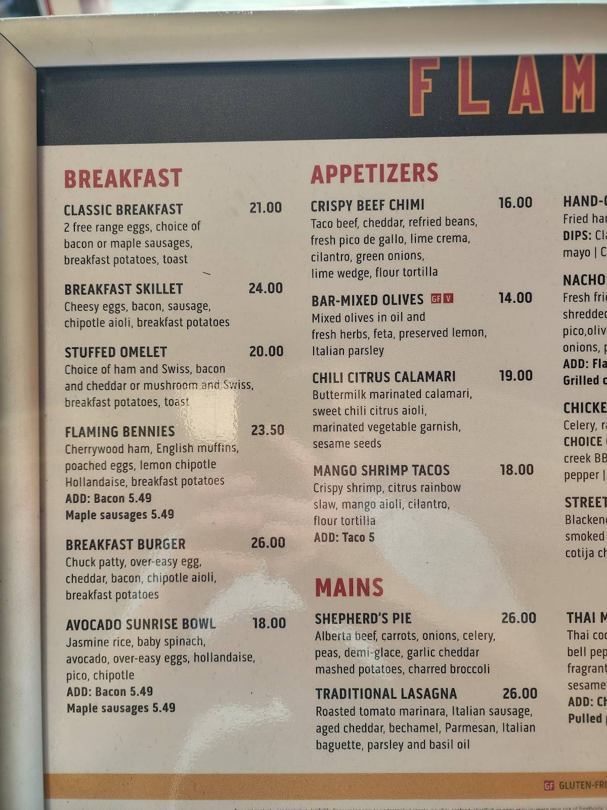 Menu at Flames Grill pub & bar, Calgary