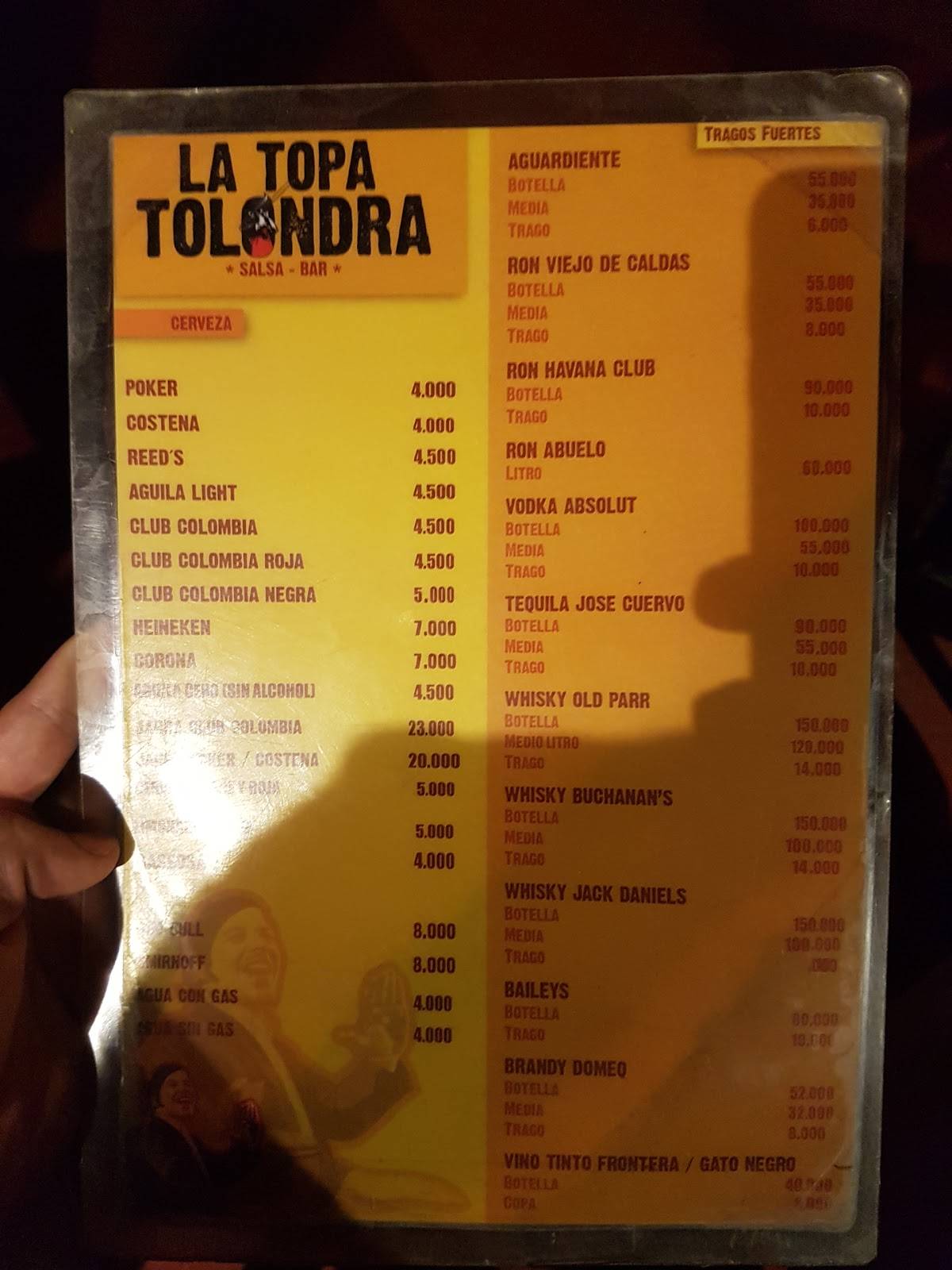 Carta del pub y bar La Topa Tolondra, Cali, Cl. 5 #13-27