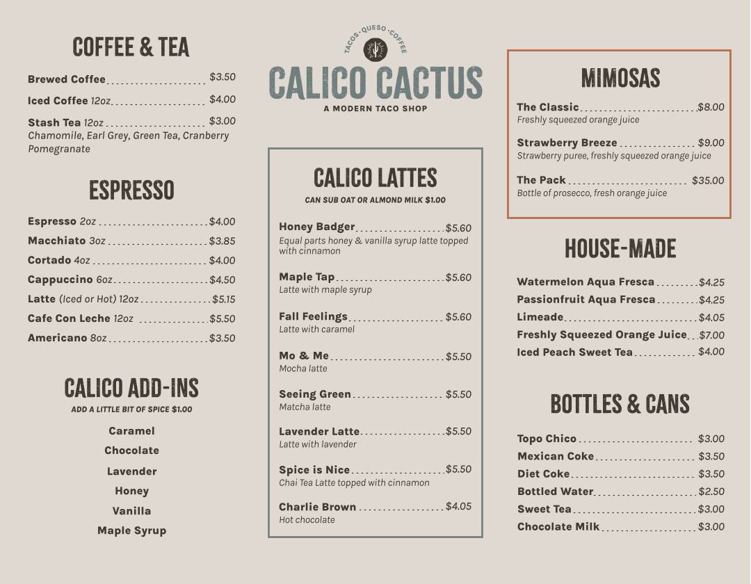 Menu at Calico Cactus restaurant, St. Augustine