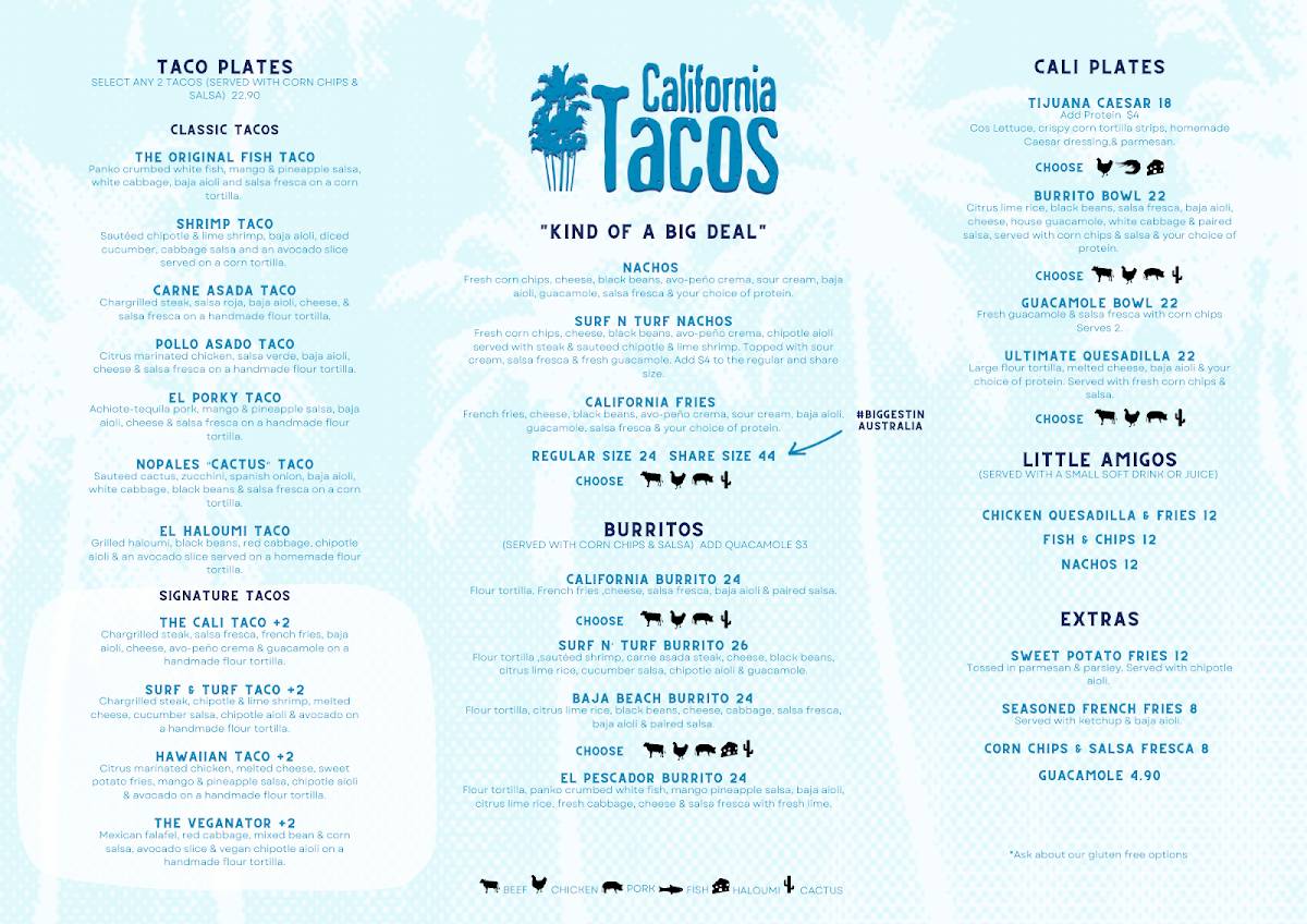 Menu at California Tacos Townsville restaurant, North Ward