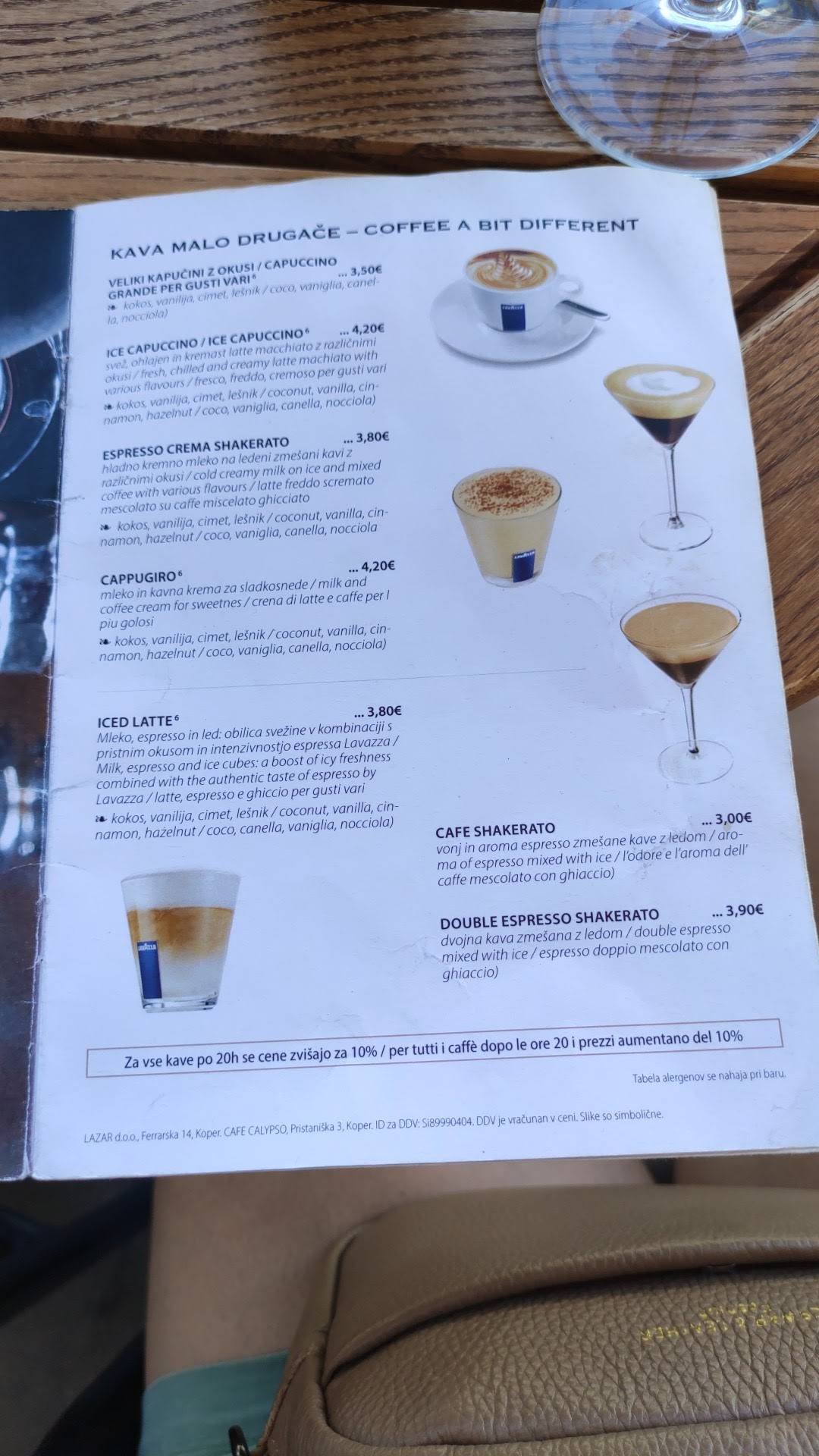 Menu at Calypso bar, Koper