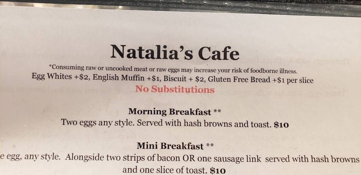Menu at Natalia's Cafe, Camas