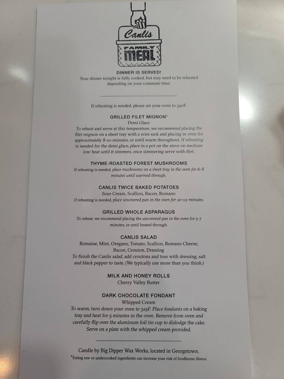 Menu at Canlis restaurant, Seattle
