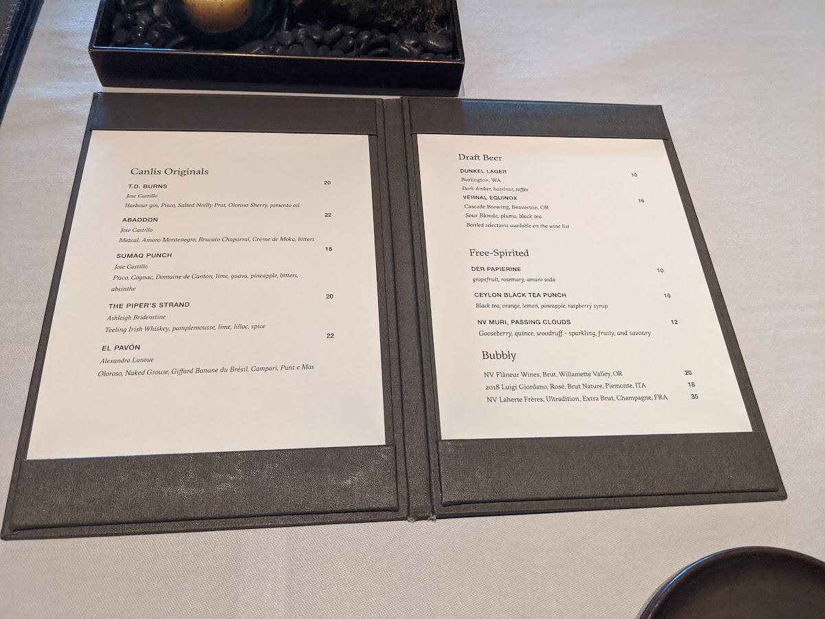 Menu at Canlis restaurant, Seattle