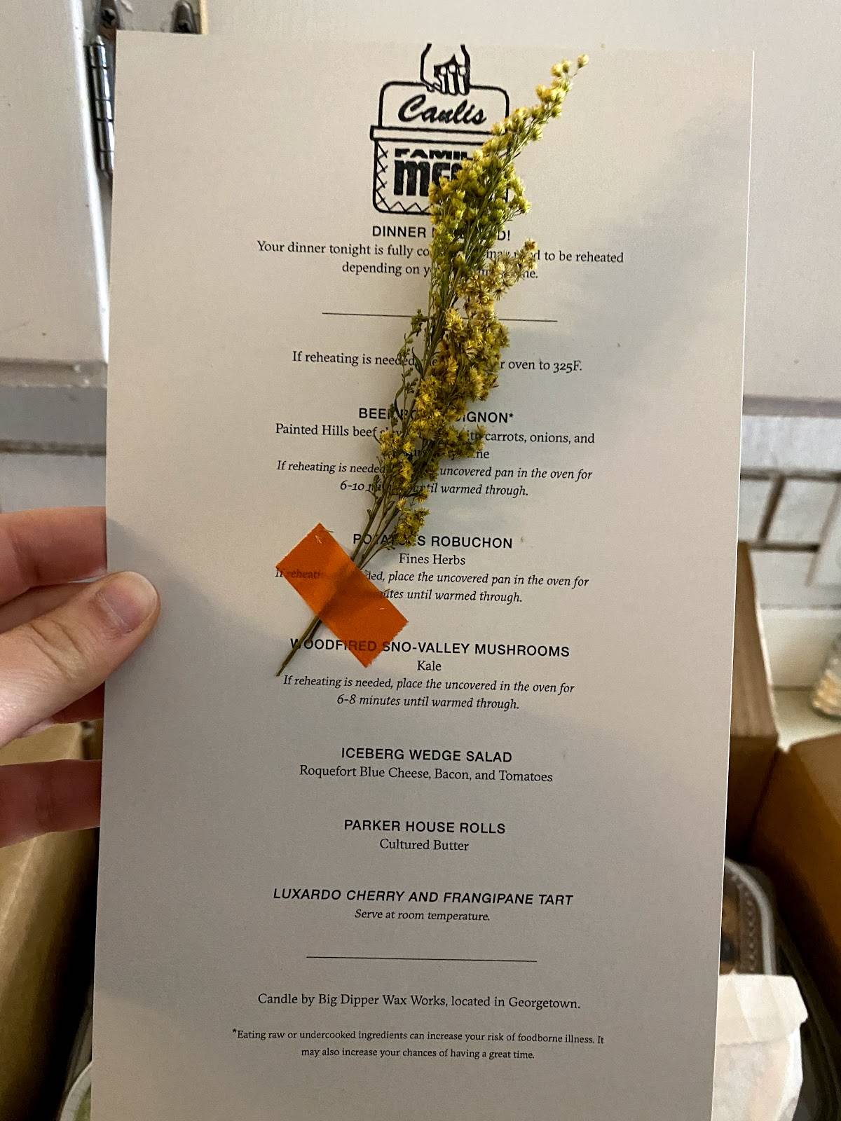 Menu at Canlis restaurant, Seattle