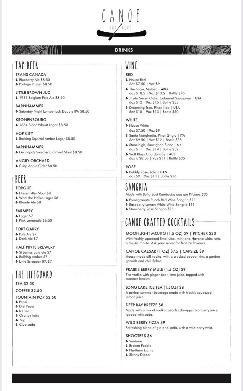 Menu at Canoe Taphouse restaurant, Wasagaming