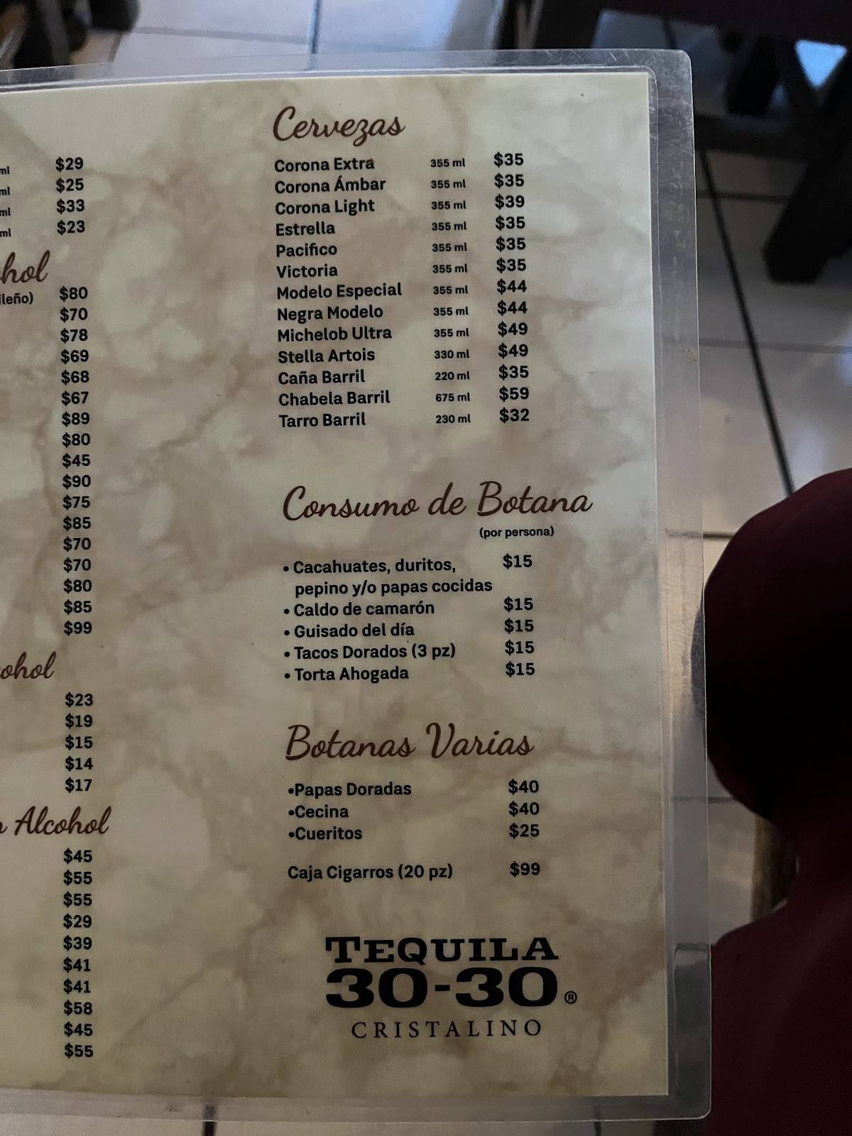 Carta del pub y bar Cantina La Iberia, Guadalajara