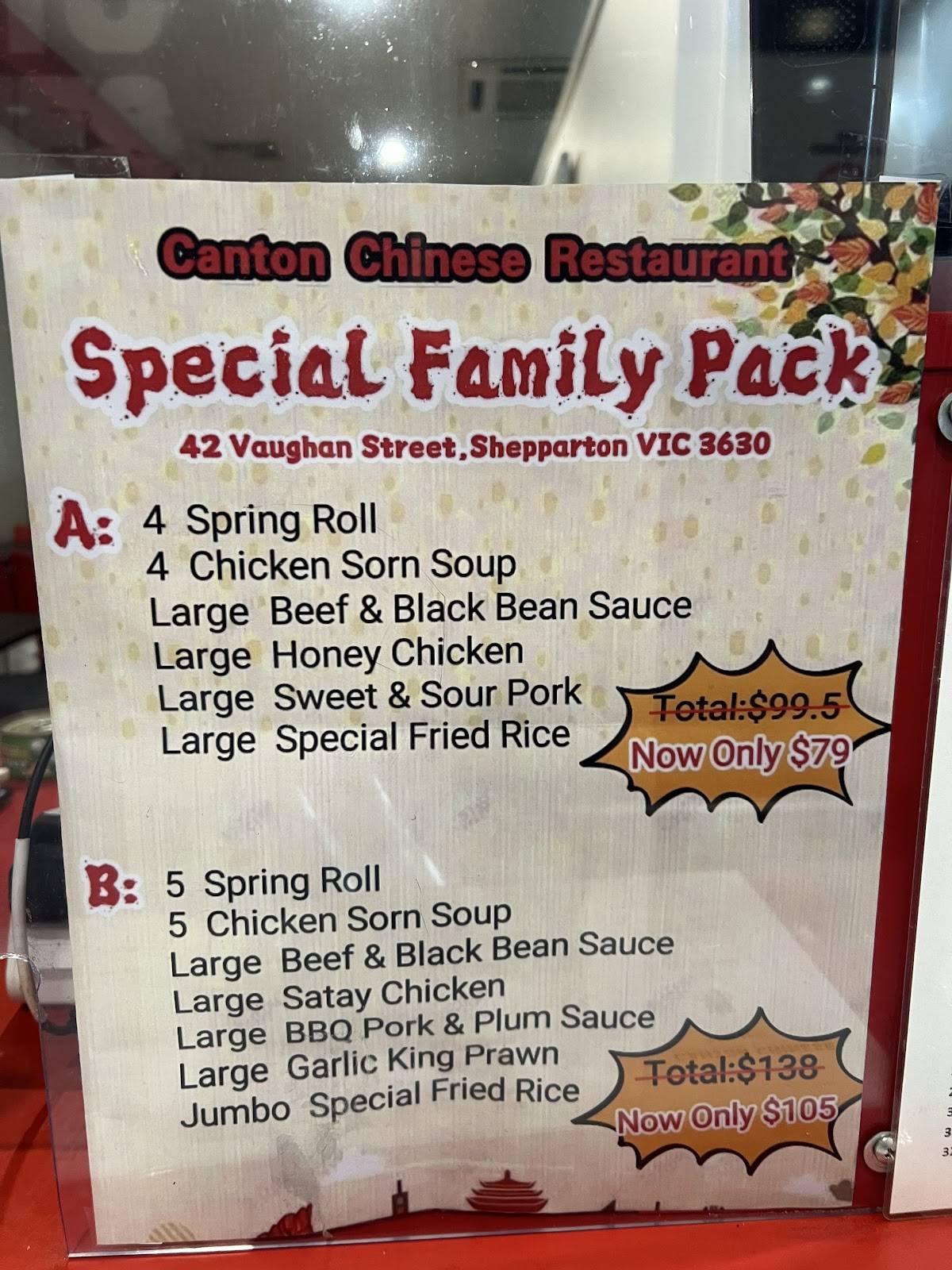 Menu at Canton Chinese restaurant, Shepparton