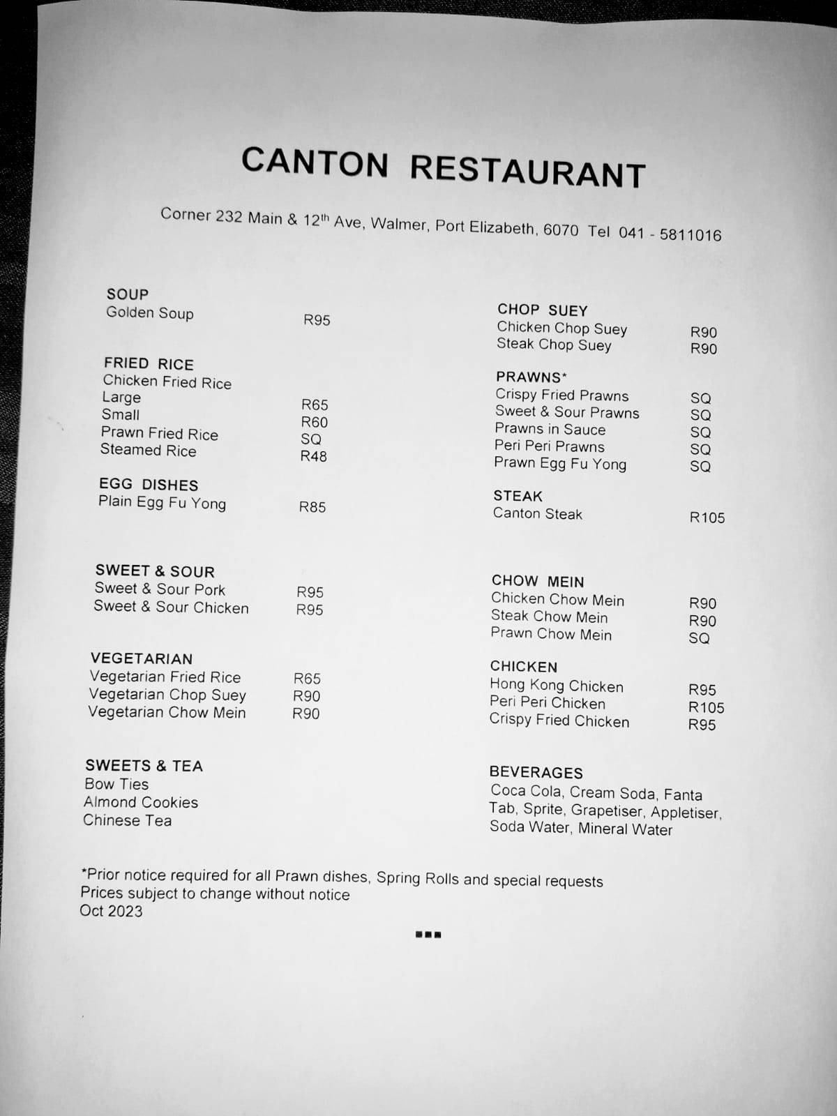 Menu at Canton Restaurant, Port Elizabeth