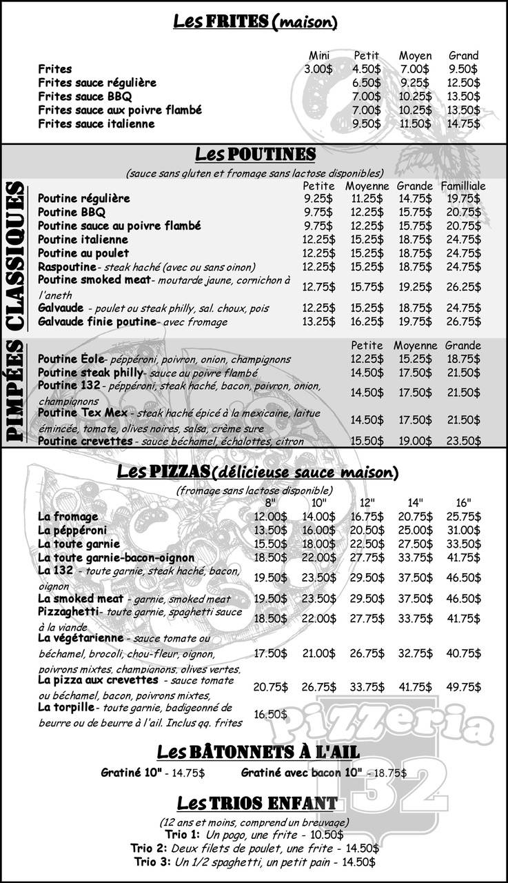 Menu au Pizzeria 132, Cap-Chat