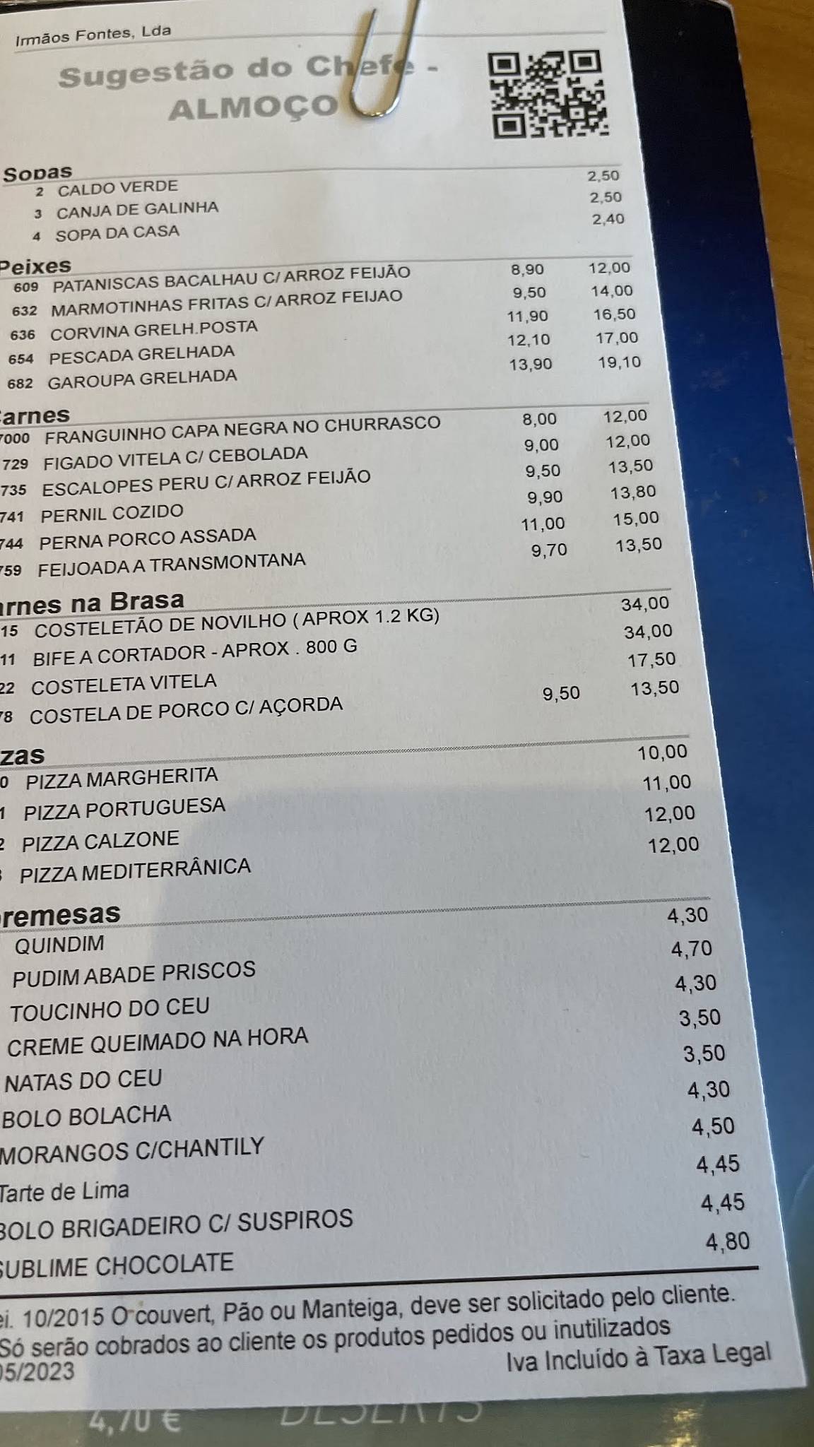 Menu em Capa Negra II restaurante, Porto