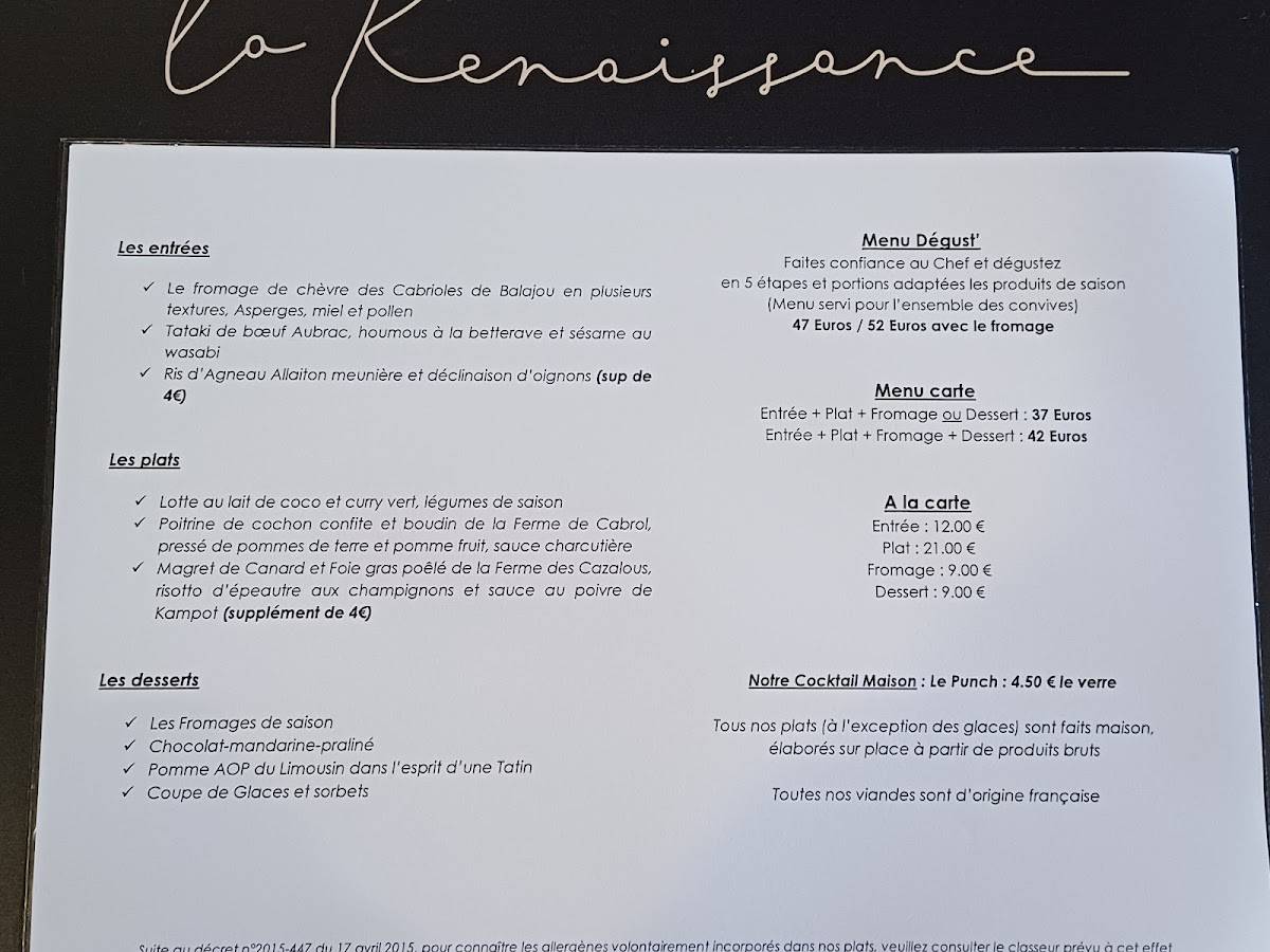 Menu au La Renaissance restaurant, Capdenac-Gare