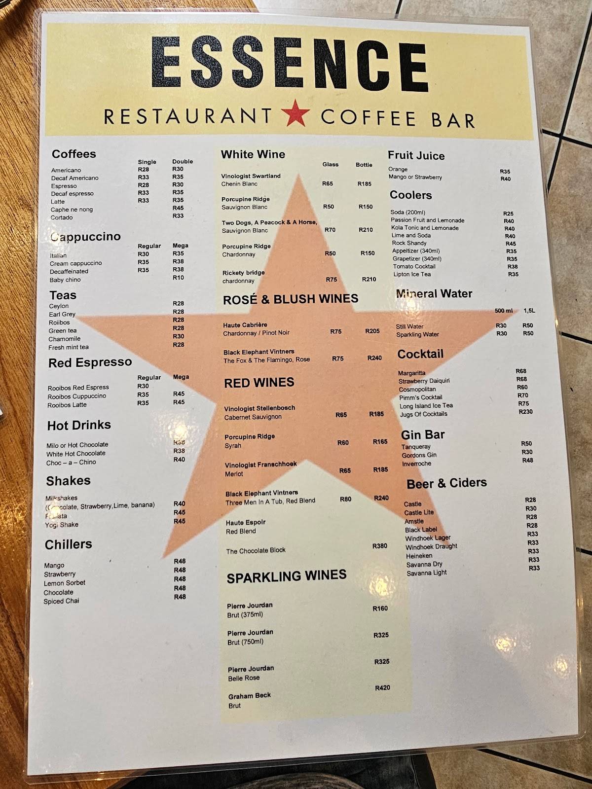 Menu at Essence Restaurant and Bar, Franschhoek, Huguenot Square