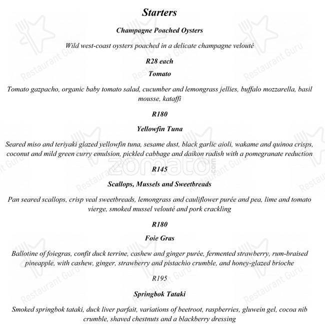 Menu at La Colombe, Cape Town, Constantia Uitsig Wine Estate