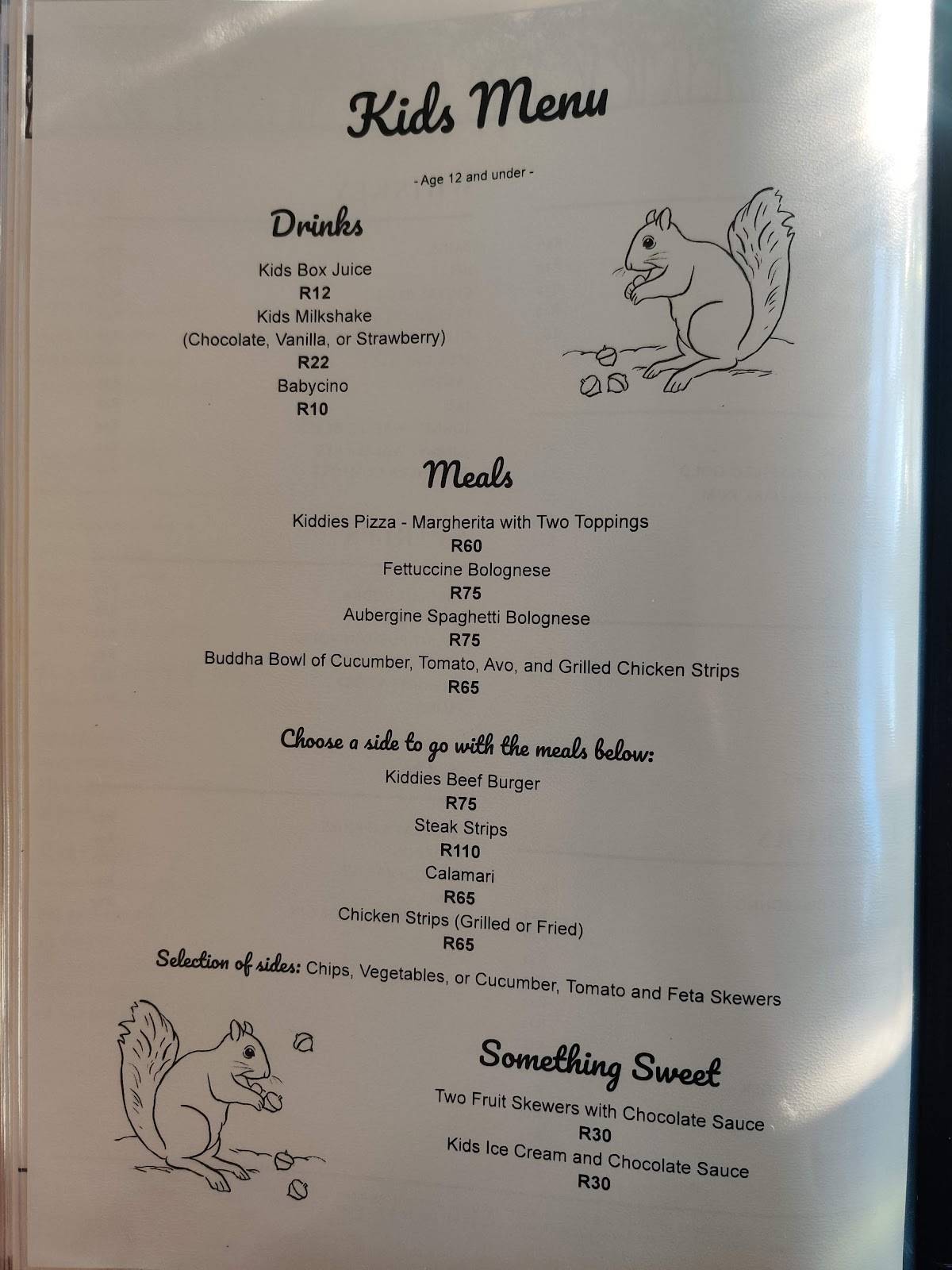 Menu at La Pineta restaurant, Stellenbosch, R44