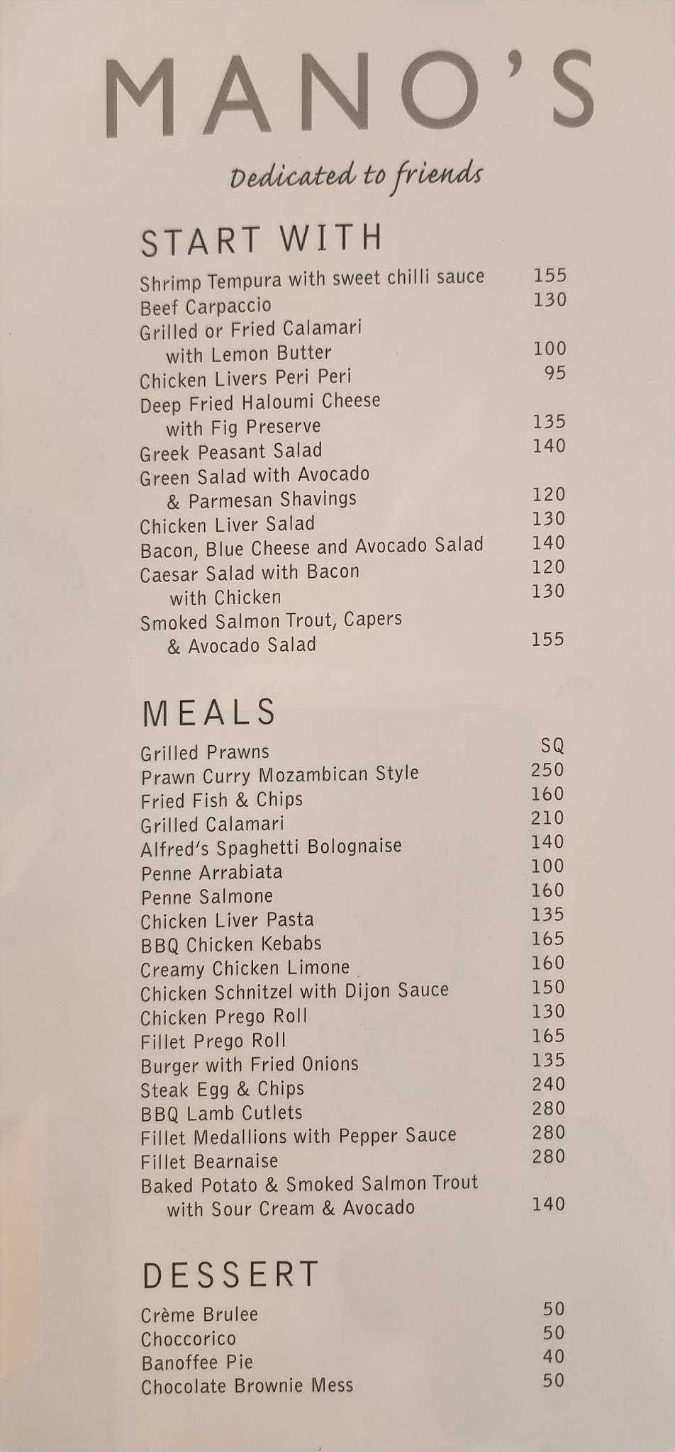 Menu at Mano's restaurant, Cape Town