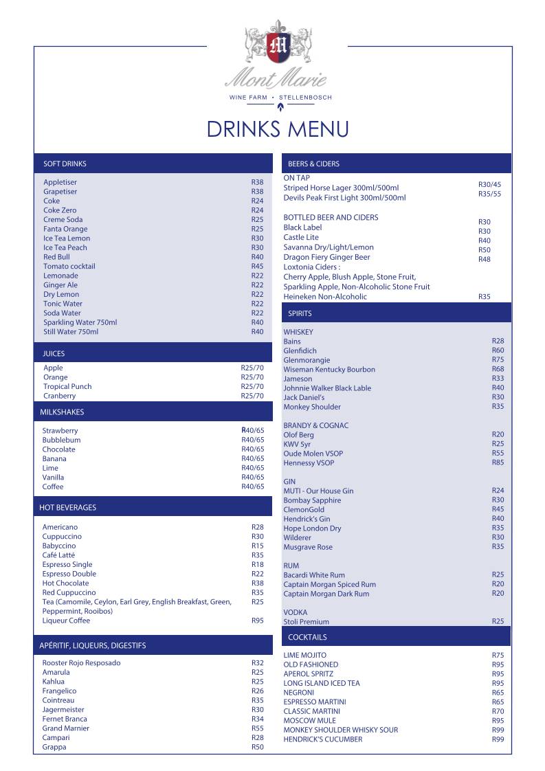 Menu at Mont Marie Restaurant, Stellenbosch