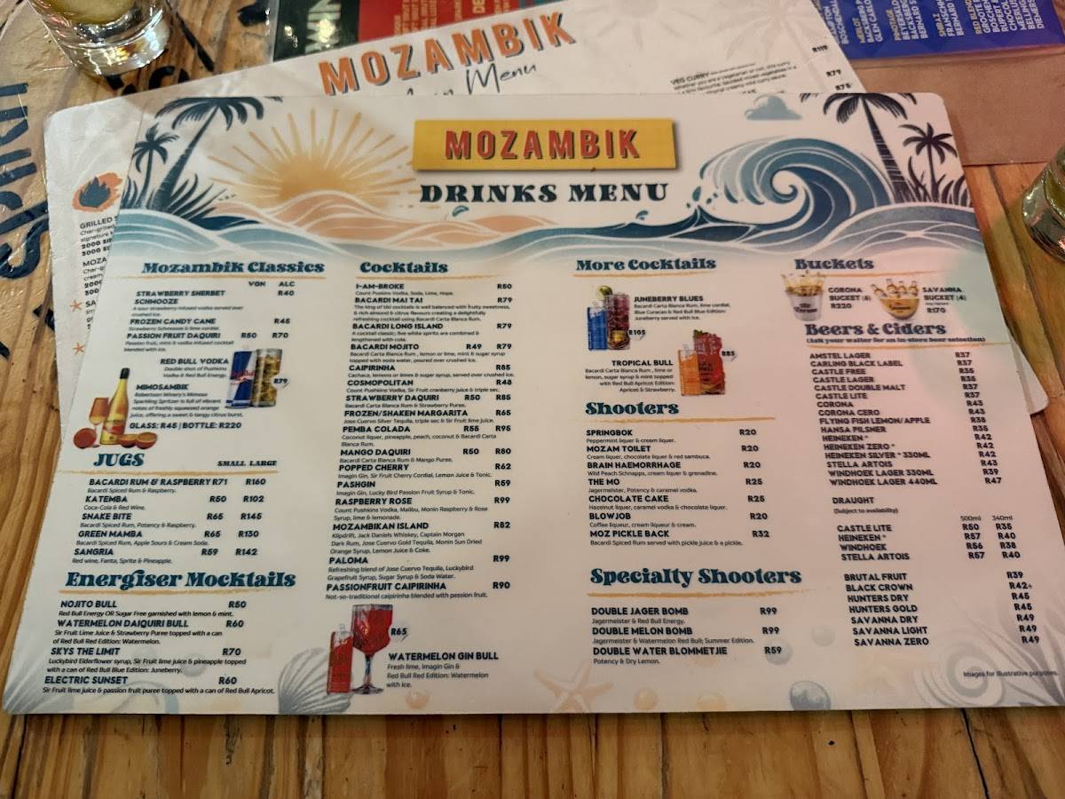 Menu at Mozambik V & A Waterfront restaurant, Cape Town