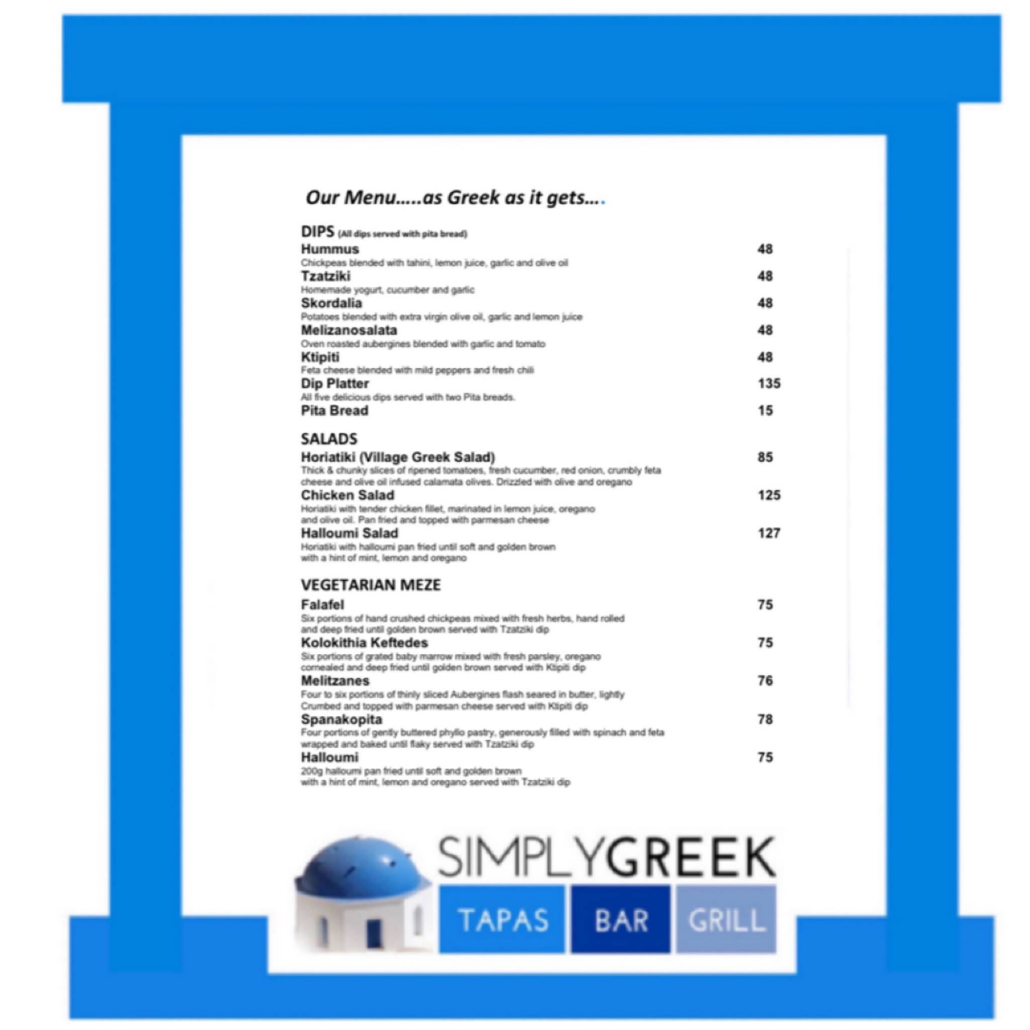 Menu at Simply Greek restaurant, Stellenbosch, 3 Plein St